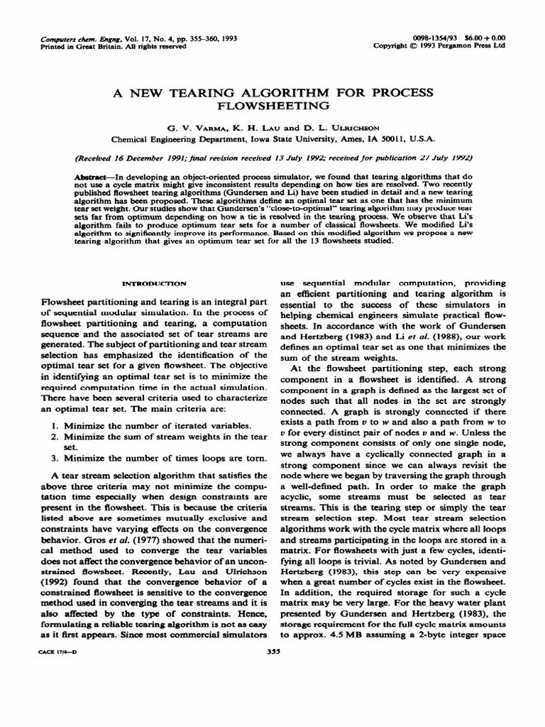 A New Tearing Algorithm For Process Flowsheeting Varma1993 | PDF | Mathematical Optimization ...