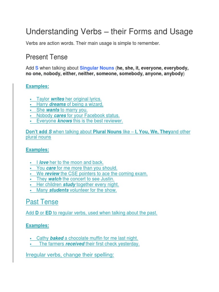 Understanding Verbs - Their Forms and Usage: Present Tense | PDF ...