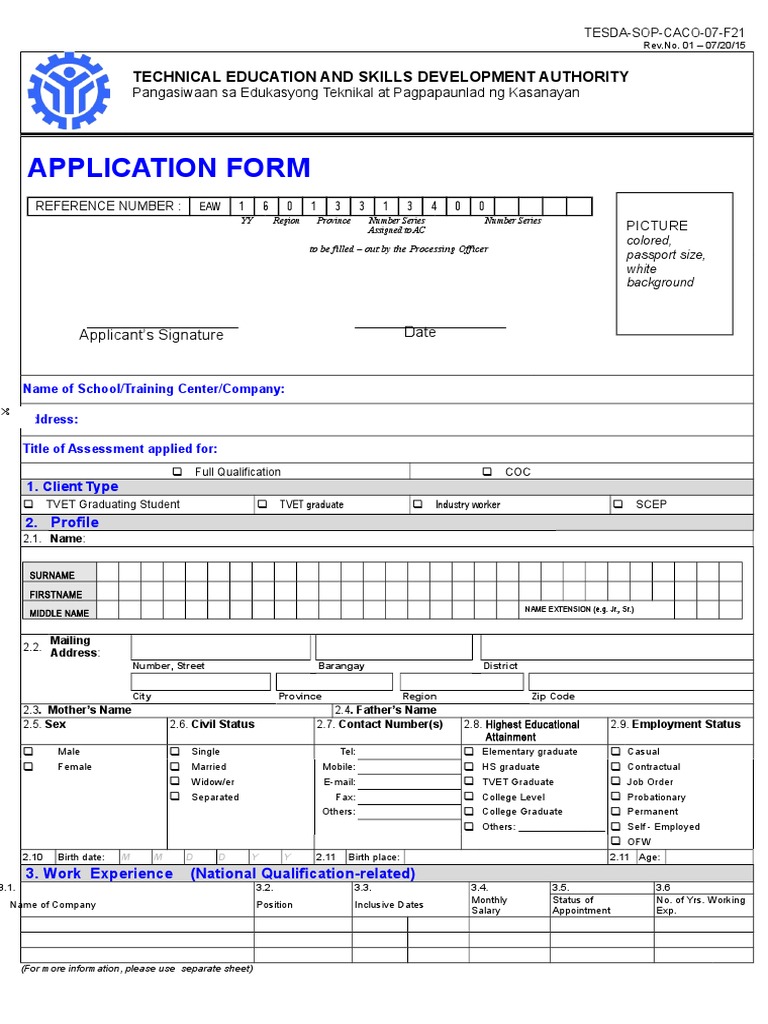 Application Form: Technical Education and Skills Development Authority ...