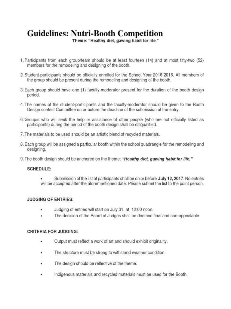 Guidelines: Nutri-Booth Competition: Theme: "Healthy Diet, Gawing Habit ...