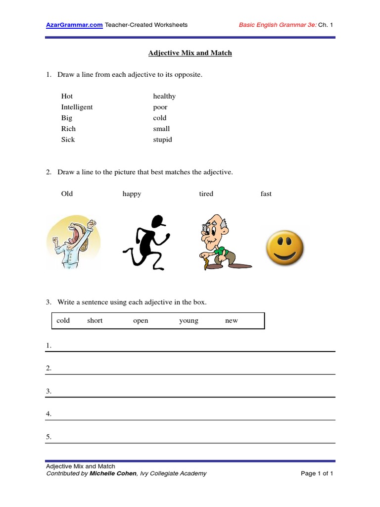 Adjective Mix and Match: Teacher-Created Worksheets | PDF