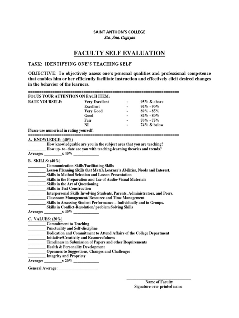 Faculty SElf Evaluation | PDF | Classroom Management | Evaluation