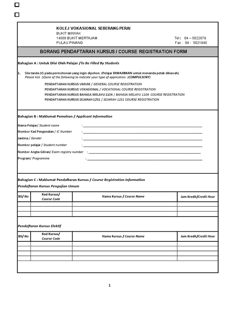 Borang Pendaftaran Kursus | PDF
