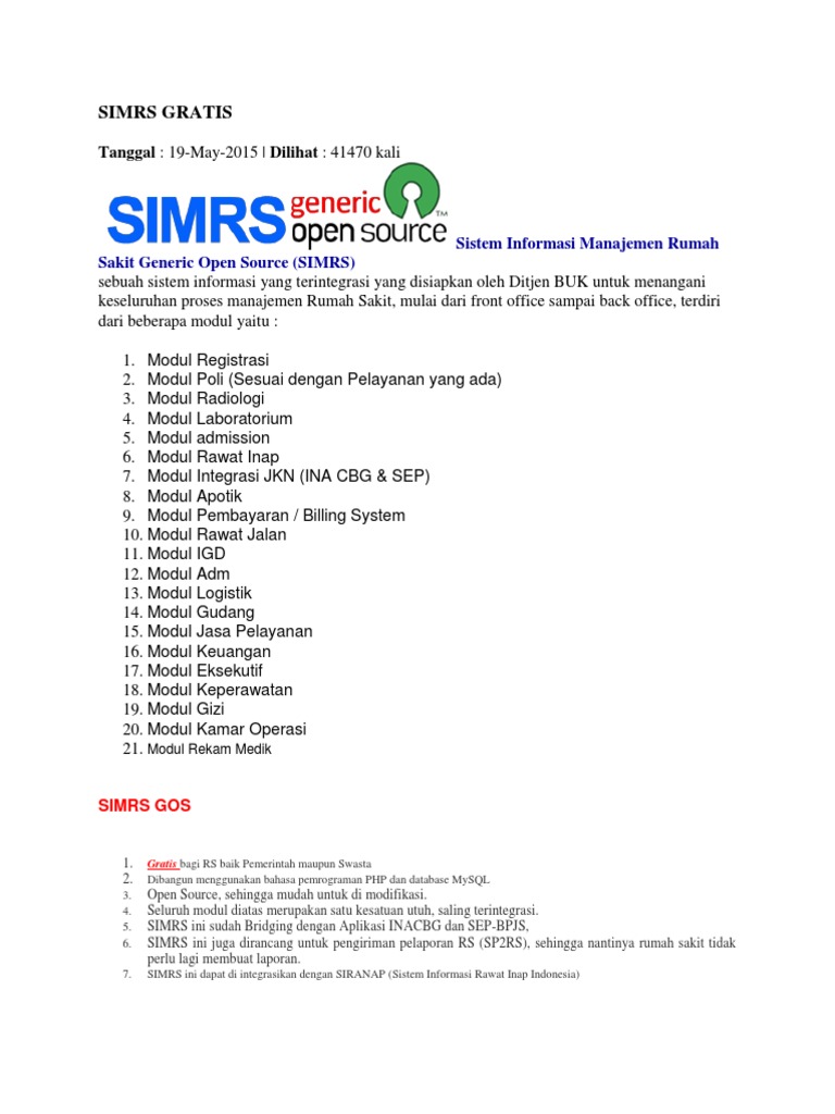 SIMRS Gratis untuk Manajemen Rumah Sakit | PDF
