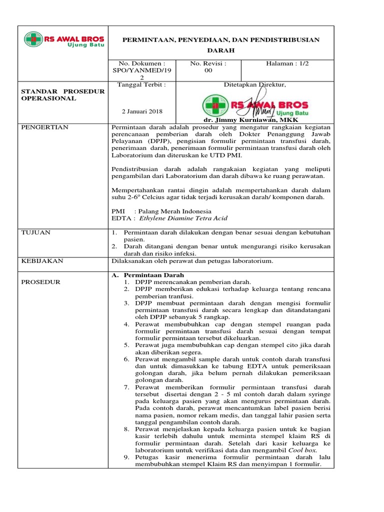 SOP Permintaan dan Distribusi Darah | PDF | Kesehatan Holistik | Sains & Matematika