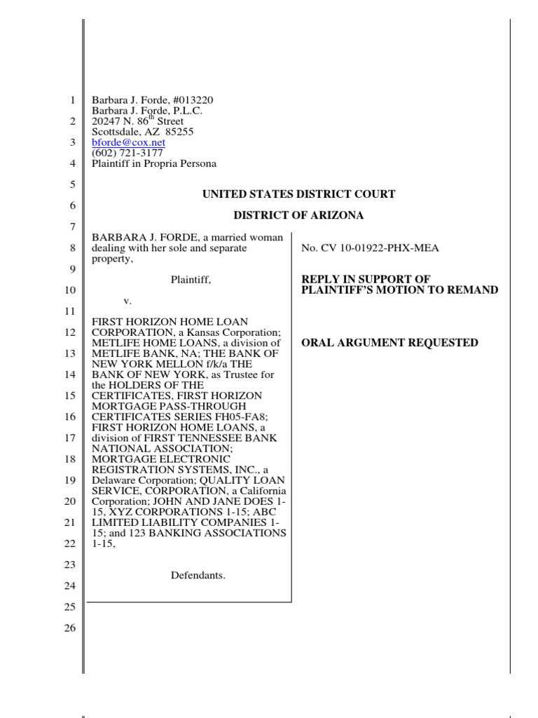 Plaintiff's Reply on Motion to Remand | PDF | Foreclosure | Lawsuit