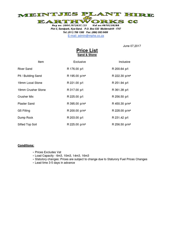 Price List: Sand & Stone | PDF