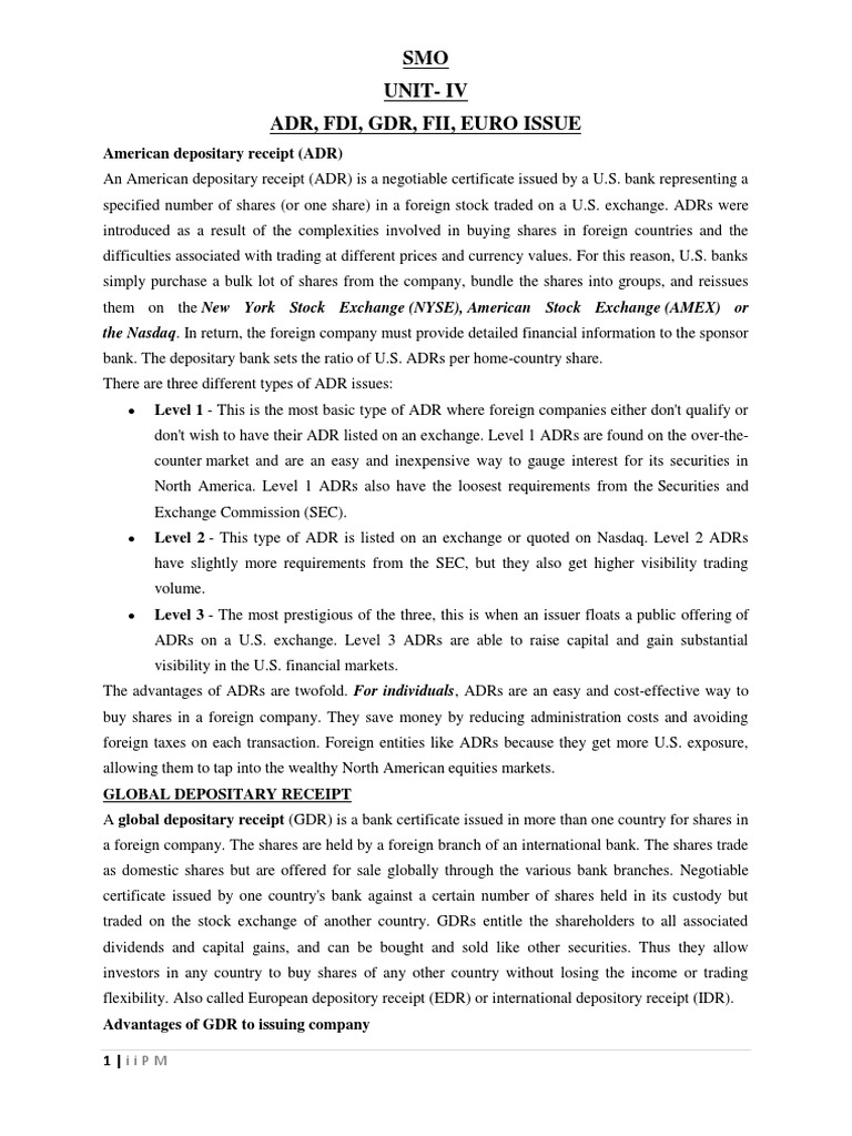 SMO Unit-Iv Adr, Fdi, GDR, Fii, Euro Issue | PDF | American Depositary Receipt | Eurozone