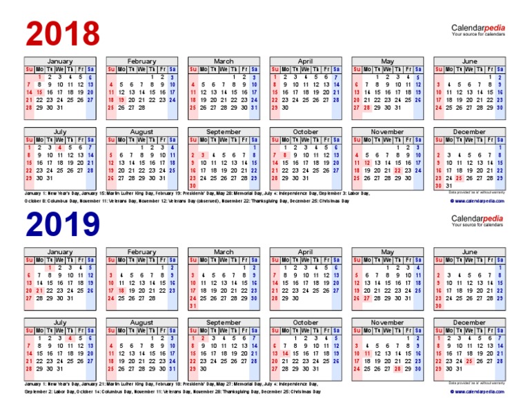 Two Year Calendar 2018 2019 Landscape 2 Rows | PDF | Secular Holidays ...