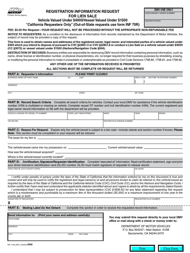 DMV Lien Sale Information Request Form | PDF | Department Of Motor ...