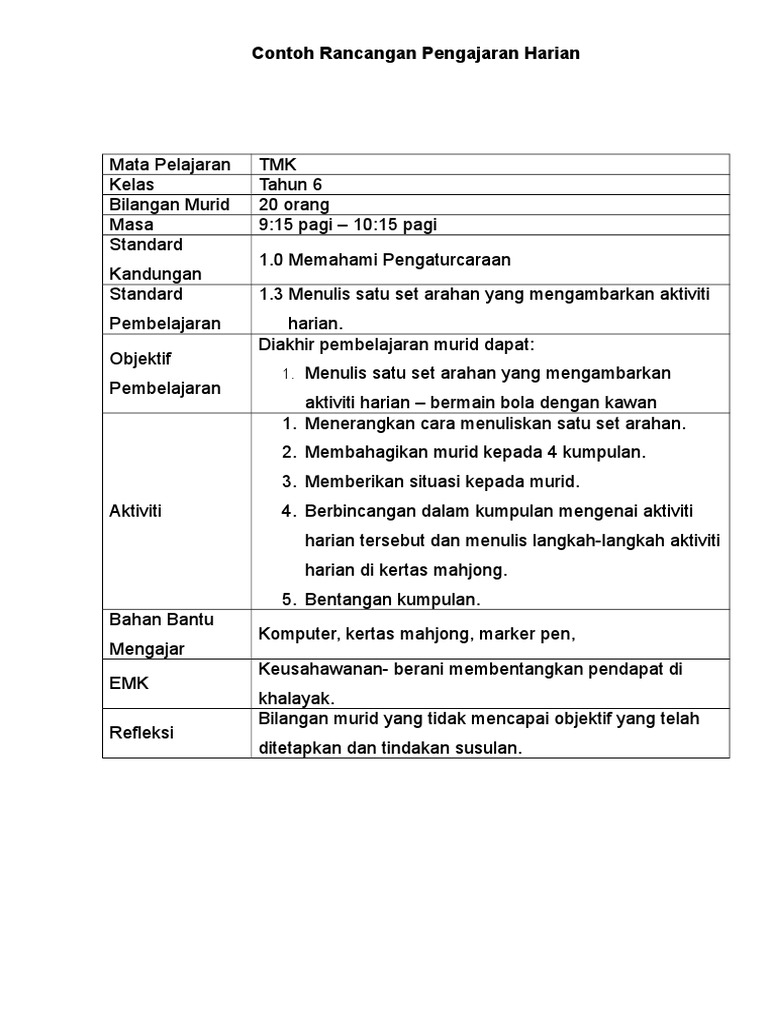 Contoh Rancangan Pengajaran Harian | PDF