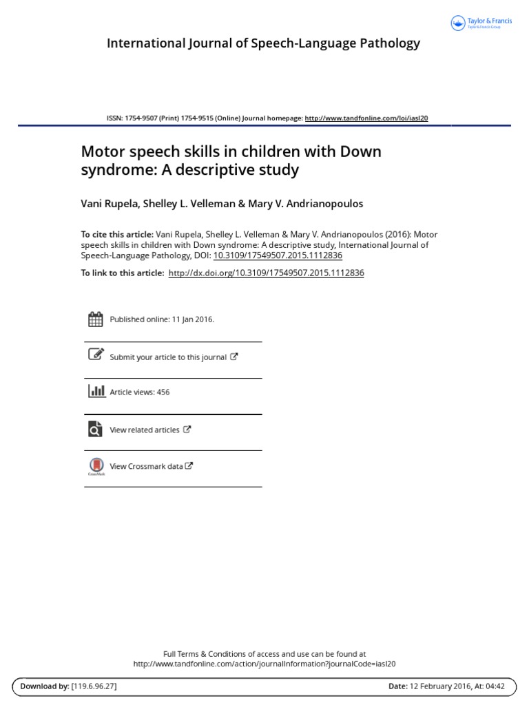 Motor Speech Skills in Down Syndrome | PDF | Speech | Speech Language ...