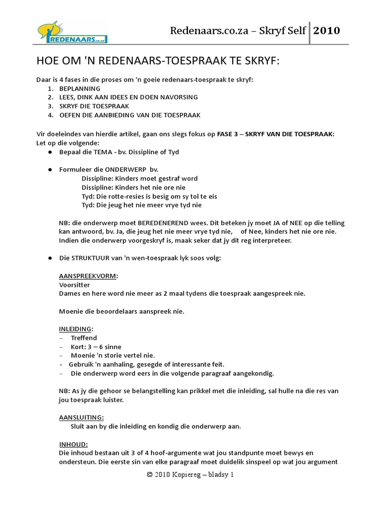 Hoe Om 'N Redenaarstoespraak Te Skryf | PDF