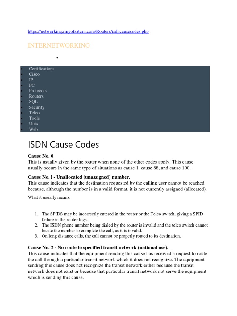 ISDN Cause Codes | PDF | Computer Network | Router (Computing)
