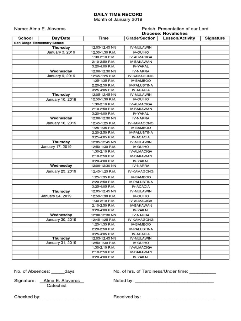 Daily Time Record: School Day/Date Time Grade/Section Lesson/Activity ...