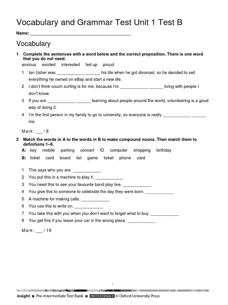 Vocabulary + Grammar Unit 1 Test B | Vocabulary | Word
