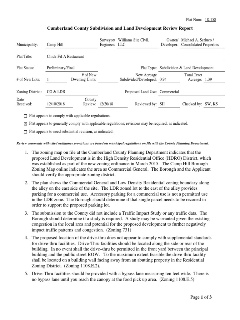 Proposed Chick-fil-A Subdivision and Land Development Review Report | PDF | Zoning | Plat