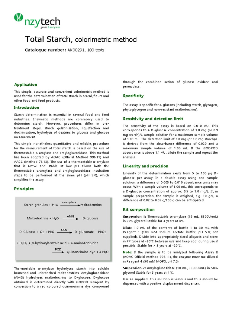 AK0029 Total Starch Colorimetric V 12 2016 | PDF | Glucose | Starch