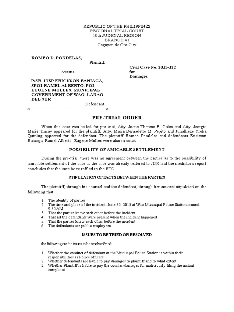 Pre-Trial Order for Civil Case 2015-122 | PDF | Lawsuit | Common Law