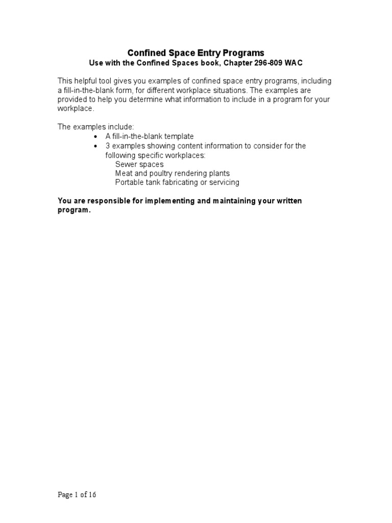 Confined Space Entry Programs: Use With The Confined Spaces Book, Chapter 296-809 WAC | Download ...