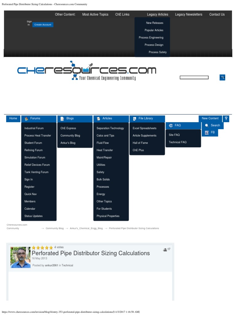 Perforated Pipe Distributor Sizing Calculations - Cheresourcescom ...