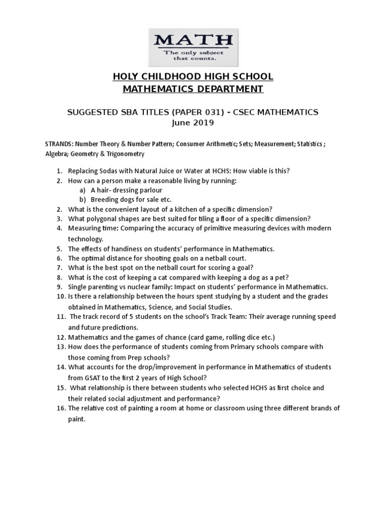 CSEC Math SBA Suggested Topics | PDF | Teaching Mathematics | Science