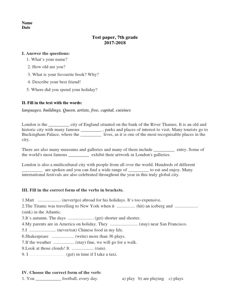 I. Answer The Questions:: Test Paper, 7th Grade 2017-2018 | PDF