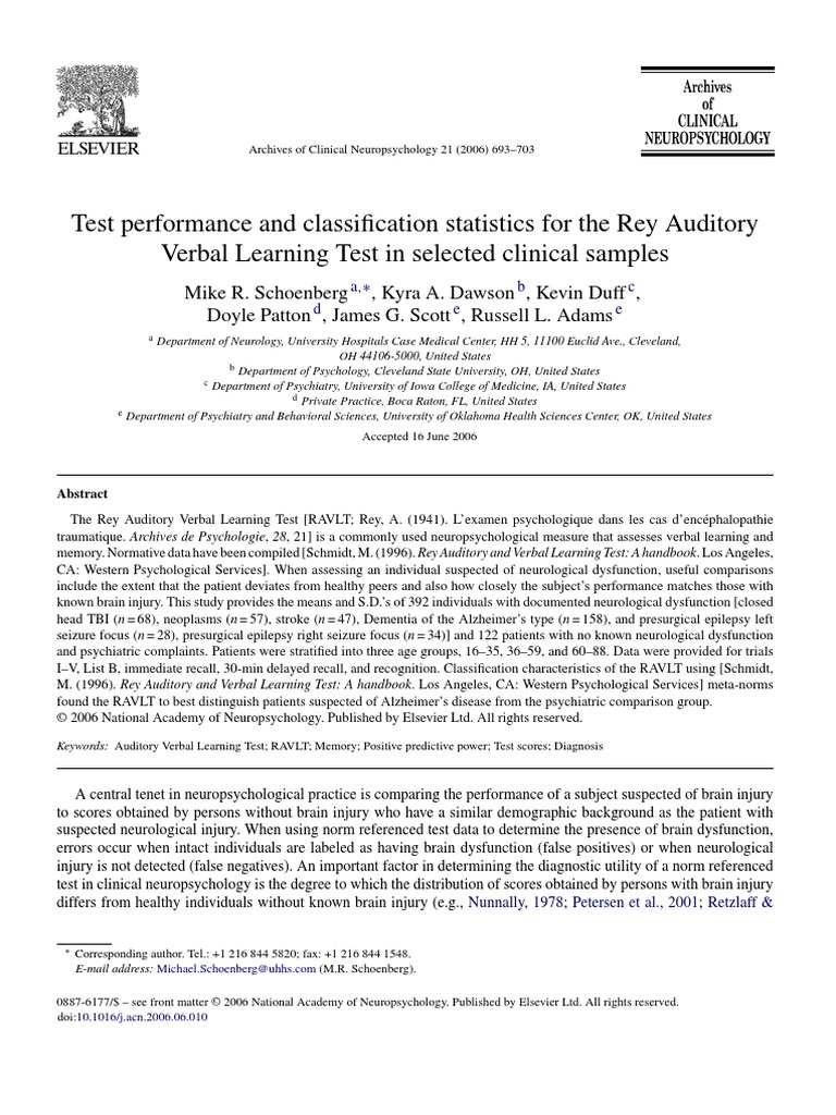 Test Performance and Classification Statistics For The Rey Auditory ...