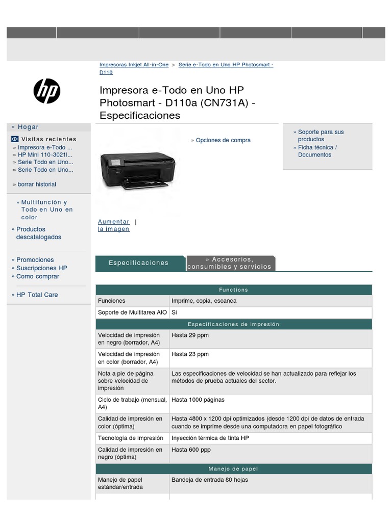 HP Photosmart D110a CN731A Spec PDF | PDF | Impresora (Computación ...