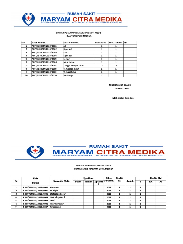 Daftar Inventaris Poli Interna RS Maryam | PDF