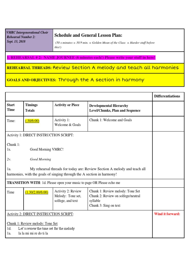 Schedule and General Lesson Plan:: Review Section A Melody and Teach ...