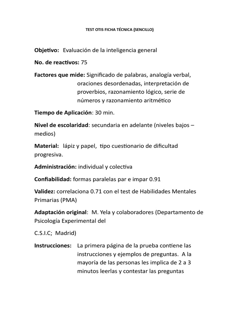 Test Otis Ficha Tecnica Otis Sencillo | PDF