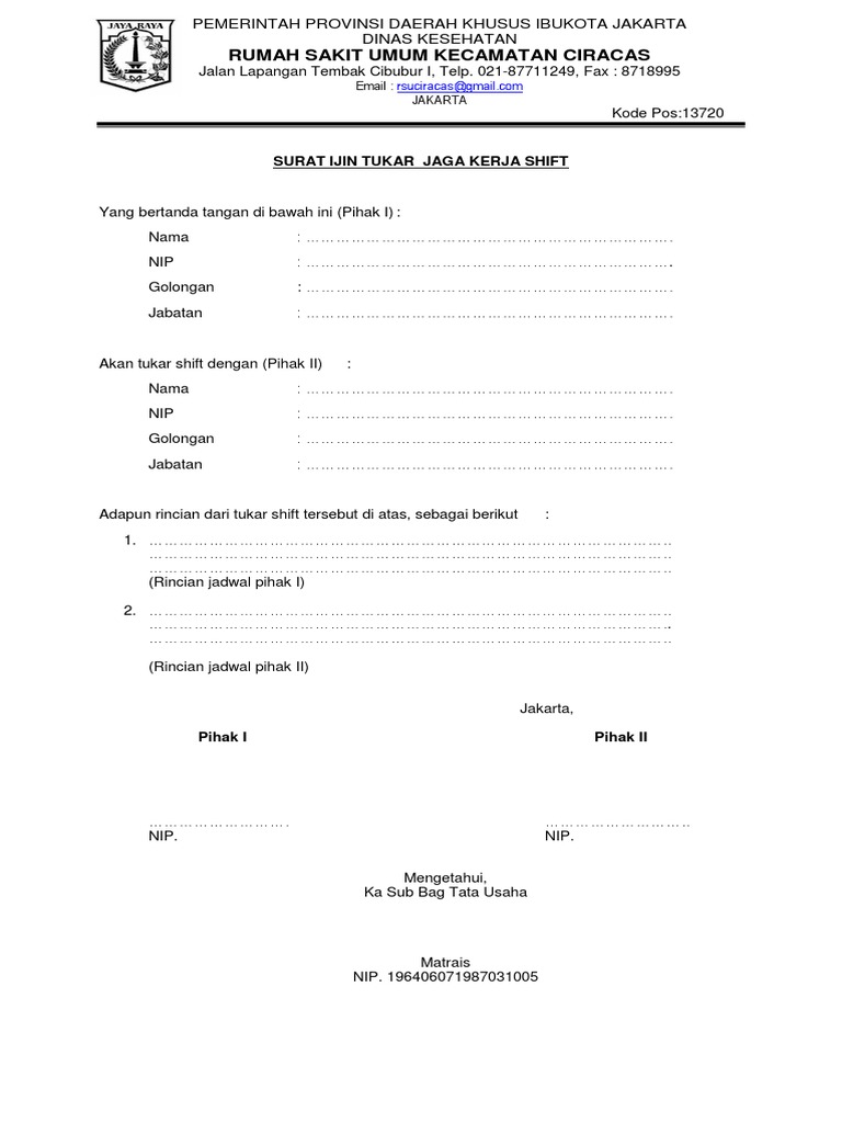 Surat Ijin Tukar Jaga Kerja Shift | PDF