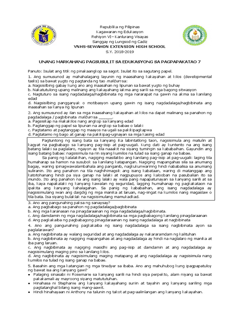 1st Quarter Exam EsP 7 | PDF