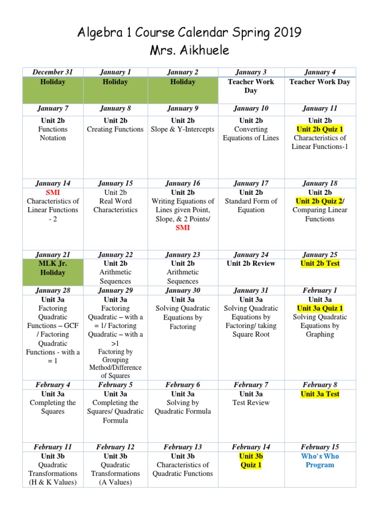 Algebra 1 Course Calendar | PDF | Quadratic Equation | Factorization
