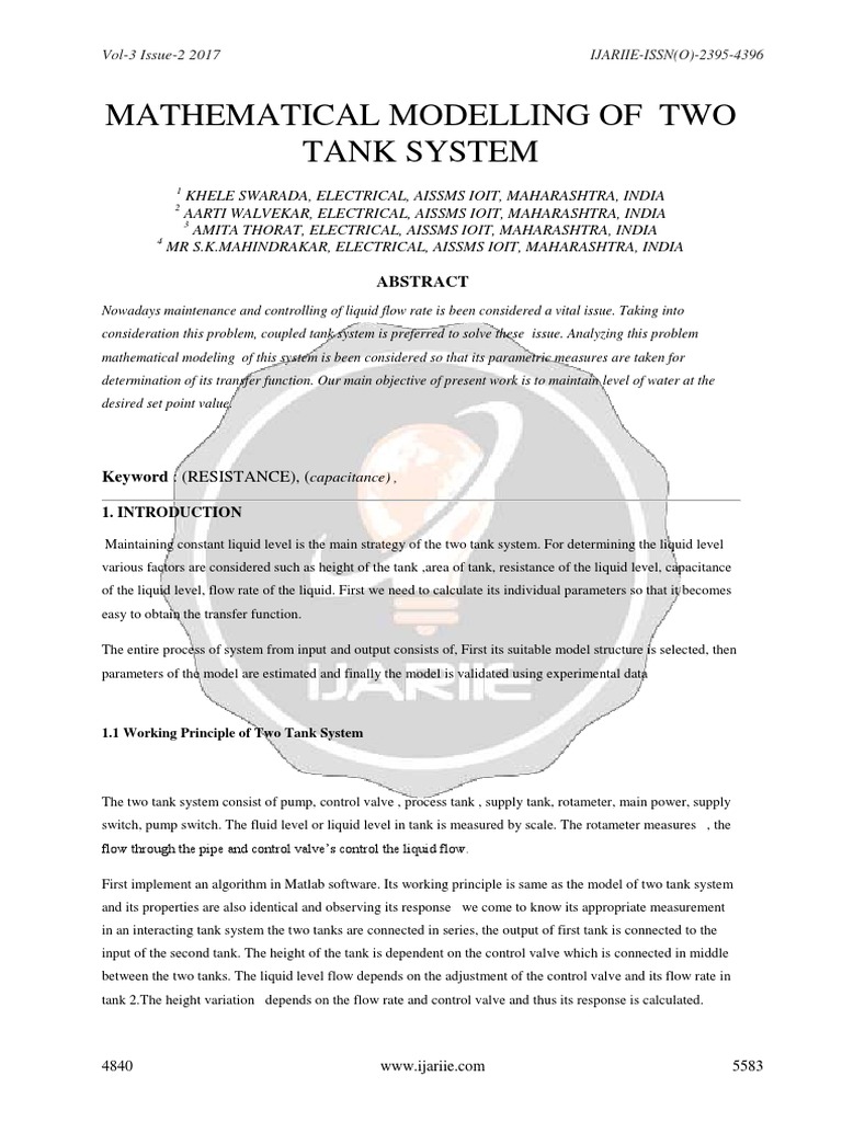 Mathematical Modeling of Two Tank System Ijariie4840 | PDF | Fluid ...