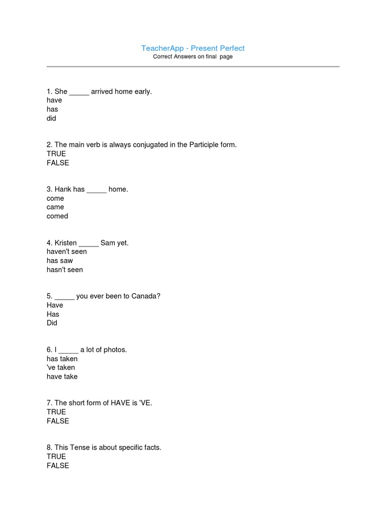 Teacherapp - Present Perfect: Correct Answers On Final Page | PDF