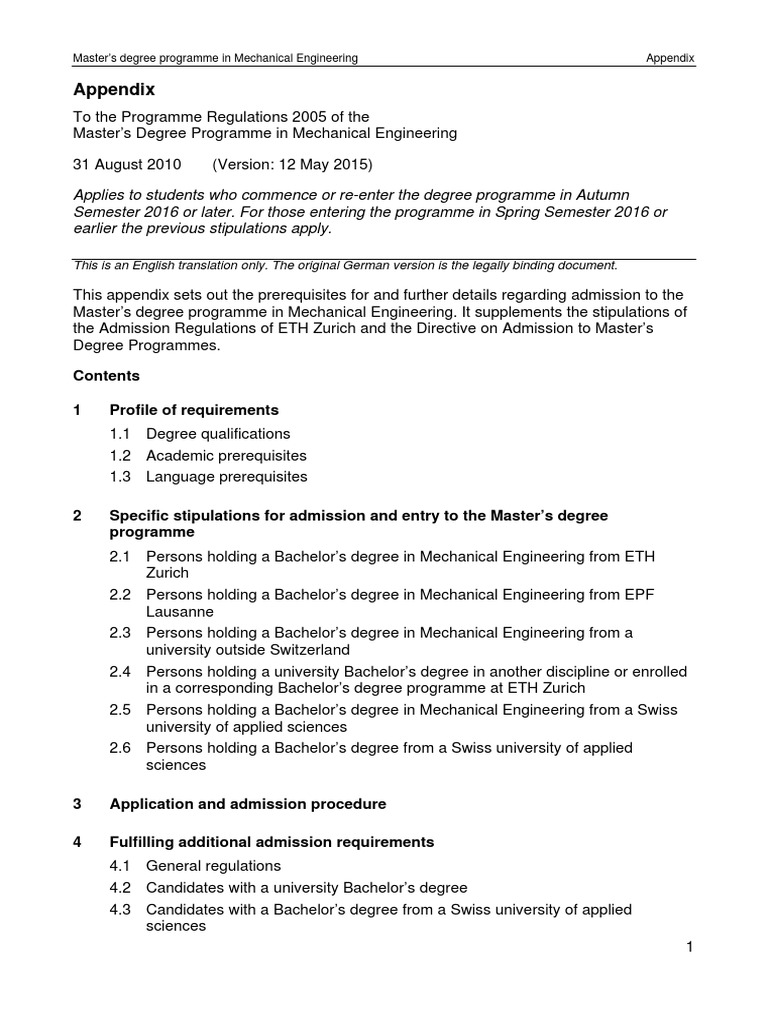 MSC Mechanical Engineering Appendix | PDF | Academic Degree | University And College Admission