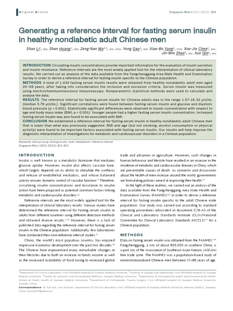 Generating A Reference Interval For Fasting Serum Insulin in Healthy ...