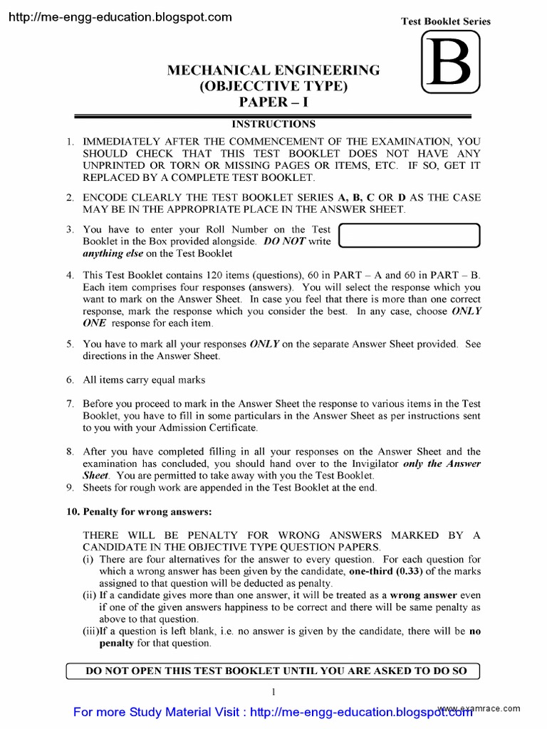 Mechanical Engineering Objective Type Paper-I Test Booklet Series | PDF ...