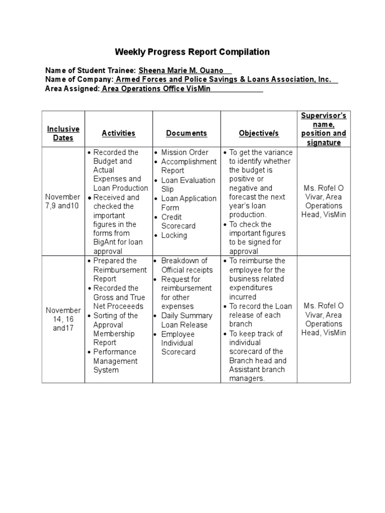 Weekly Progress Report Summarizing Trainee's Activities, Documents ...