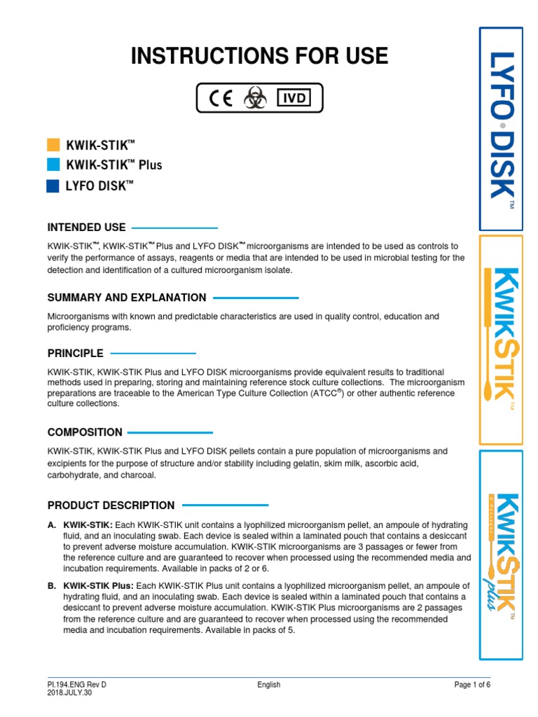 English Lyfo Disk, Kwik-Stik, Kwik-Stik Plus Instructions For Use | PDF | Agar | Freeze Drying