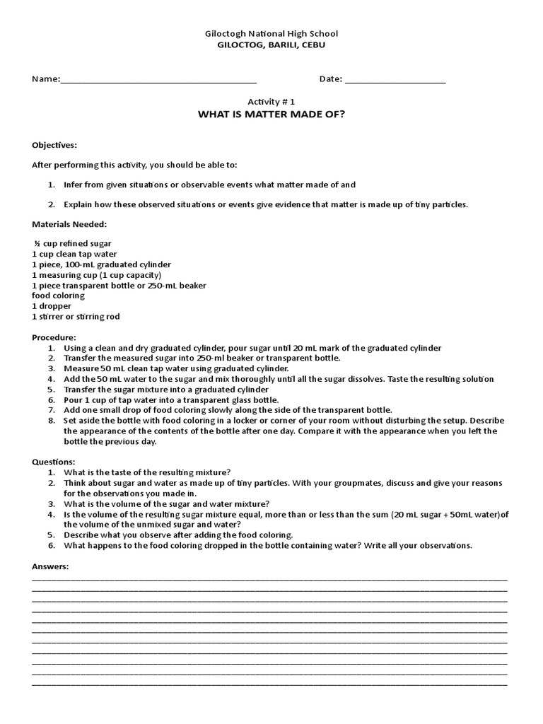 Science Activity #1 | PDF | Matter | Sugar