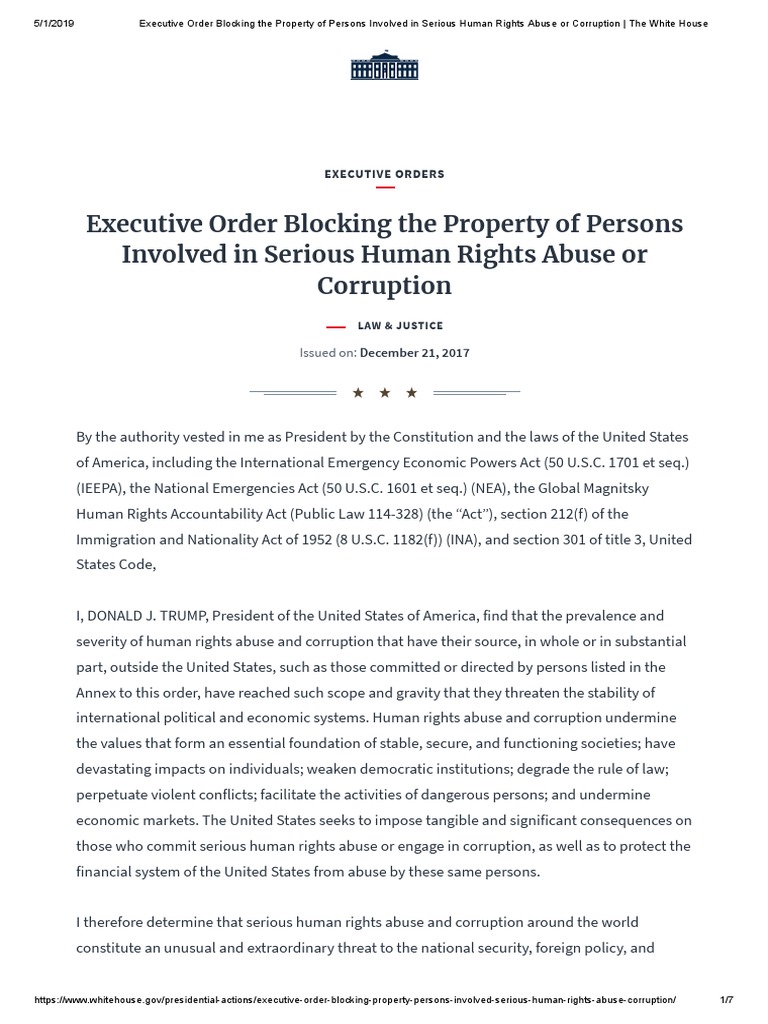 Executive Order Blocking The Property of Persons Involved in Serious ...