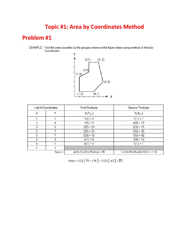 Topic #1: Area by Coordinates Method Problem #1 | PDF