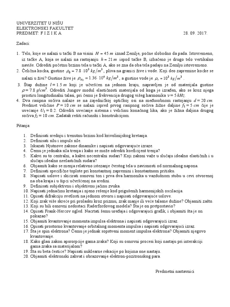 Ispit - Fizika Oktobar-2017 | PDF