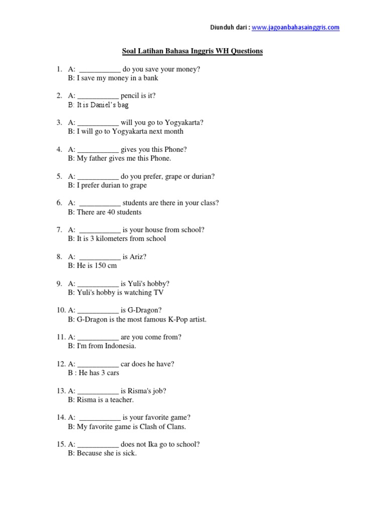 Latihan Soal WH Questions Bahasa Inggris | PDF