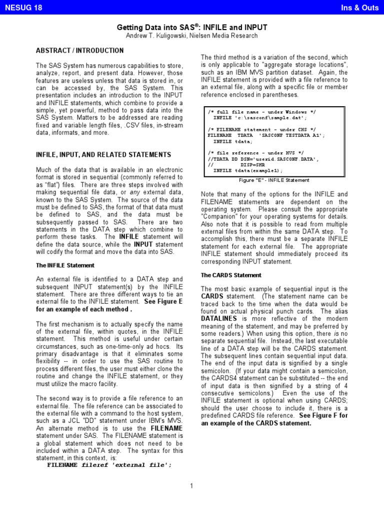Getting Data Into Sas Infile And Input Abstract Introduction Pdf Comma Separated Values