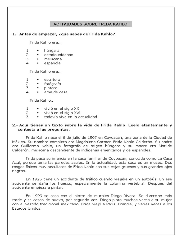 Actividades Sobre Frida Kahlo PDF | PDF | Pinturas | México