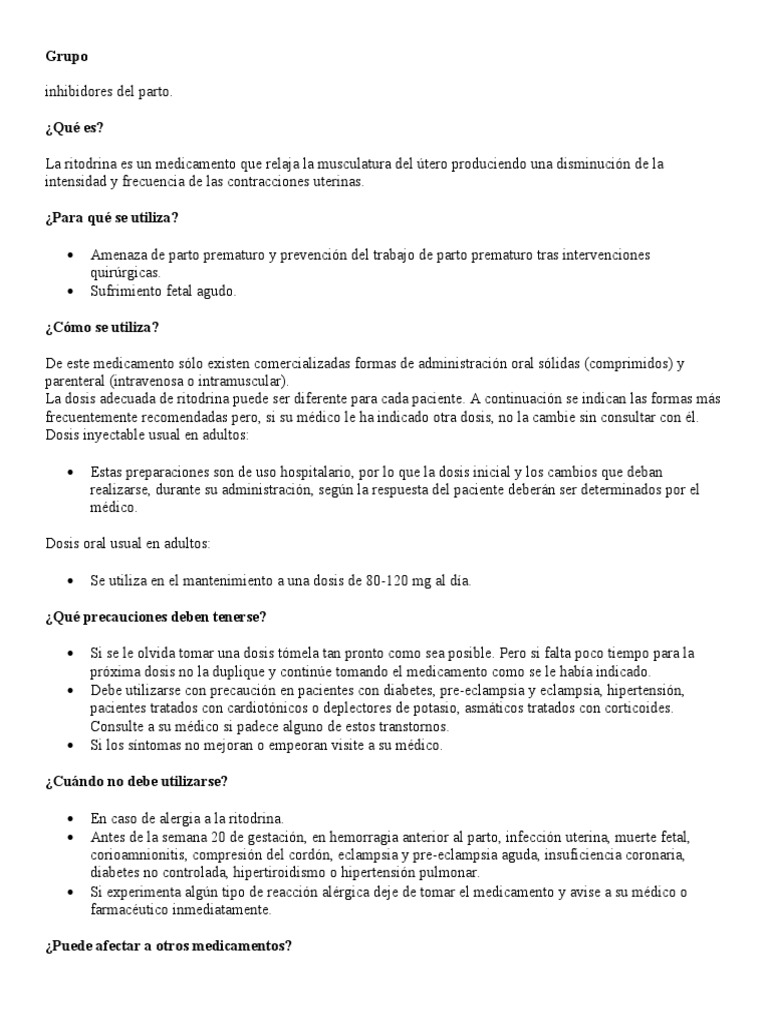Guía informativa sobre el uso de la ritodrina como inhibidor del parto ...